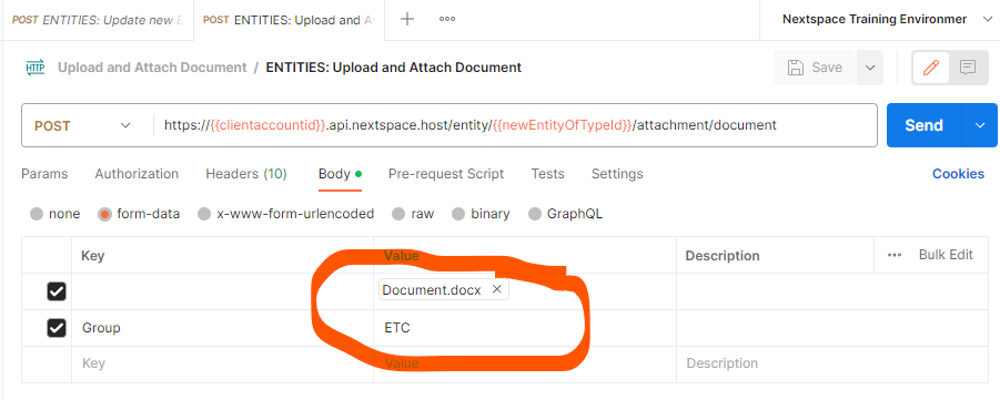Upload and Attach Document | Nextspace Digitial Twin Platform | Postman ...