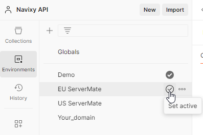 Managing environments | Navixy API Sandbox | Postman API Network
